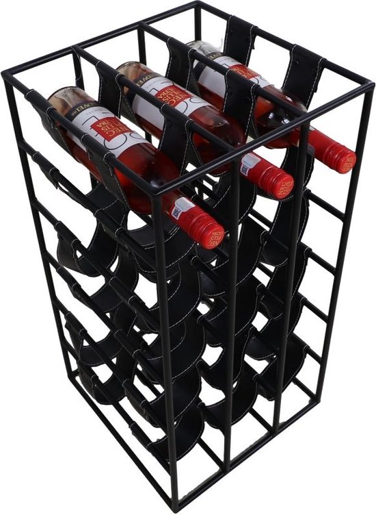 Dalton Wijnrek - 33x33x64 cm - Zwart - Metaal/Kunstleer - wijnrek muur ...