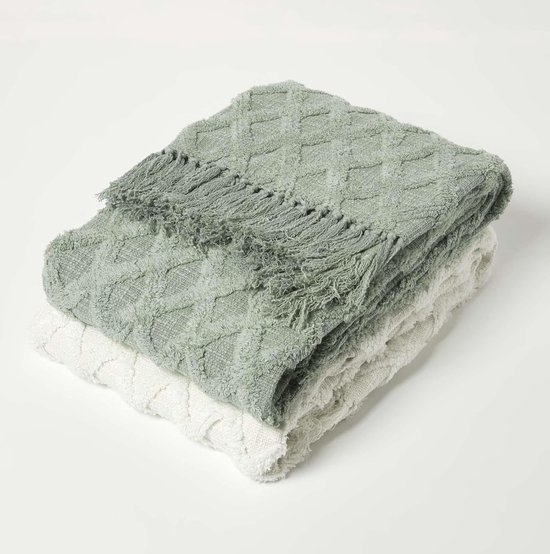 Witte katoenen deken, 150 x 200 cm, getufte deken, geometrisch patroon ...