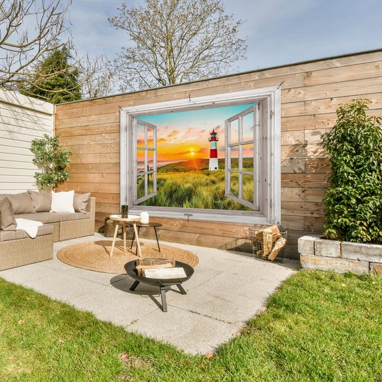 Tuinposter vuurtoren doorkijk - Tuindecoratie waddenzee duinen ...