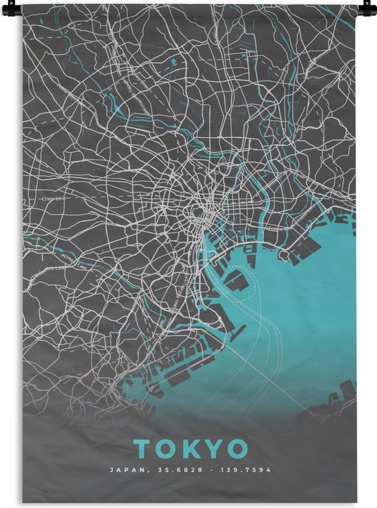 Wandkleed - Wanddoek - Tokyo - Stadskaart - Blauw - Plattegrond - Kaart ...