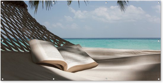 Schuttingposter Hangmat - Boek - Strand - 200x100 cm - Tuindoek | bol