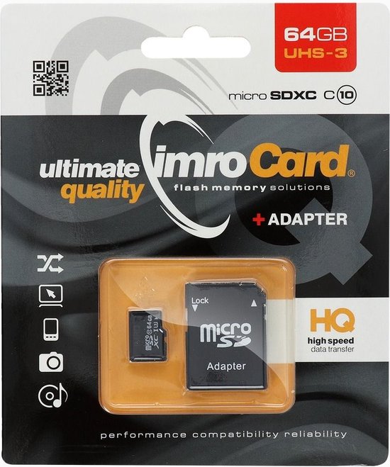Imro - Micro SD Kaart 64 GB - Geheugenkaart Met Adapter - 100MB/s - Zwart | bol