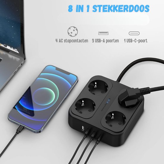 Stekkerdoos met USB - All-in-One Socket Strip - 4 Stopcontacten, 3 USB ...