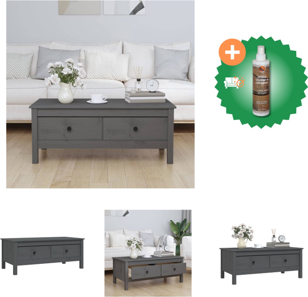 vidaXL Houten Salontafel - Grijs - 100 x 50 x 40 cm - Massief ...