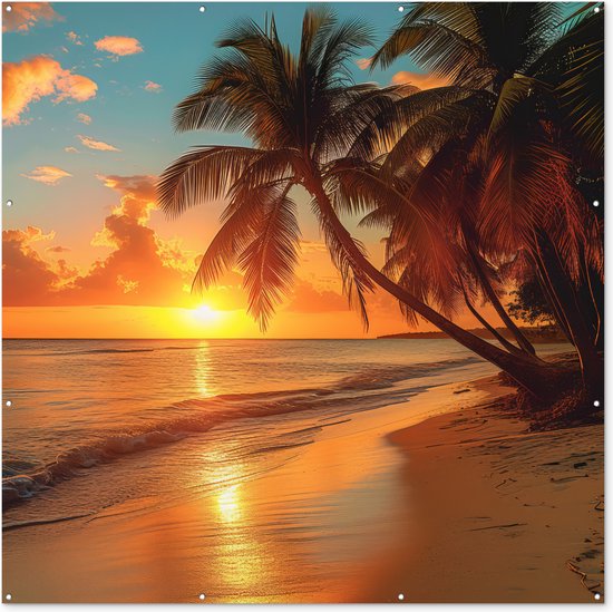 Tuin poster Zonsondergang - Strand - Palmbomen - Zee - Zon - 200x200 cm ...