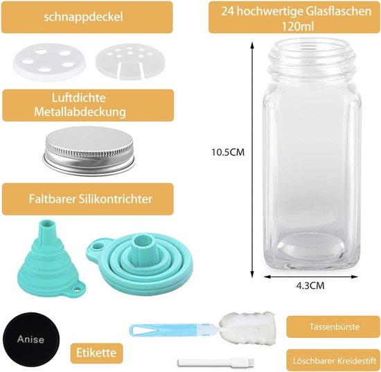 Set van 24 kruidenpotjes, vierkante glazen potjes, inhoud 120 ml, 10,5 ...