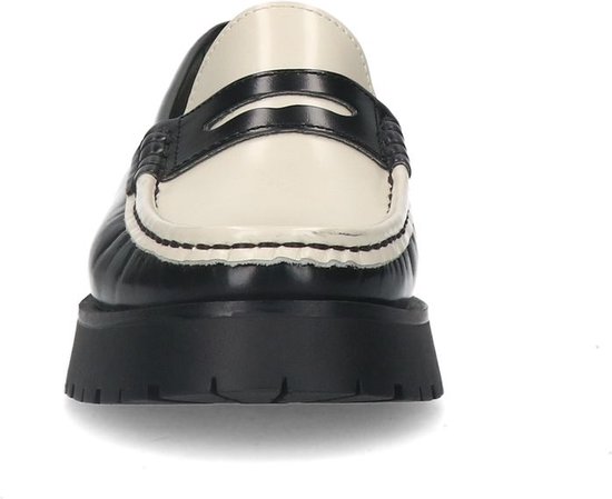 Sacha - Dames - Zwarte leren plateau loafers met witte details - Maat ...