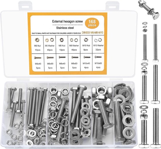 168 stuks zeskantbouten, moeren en ringen, M6/M8/M10 Roestvrij Staal Hexagon Bouten,... | bol