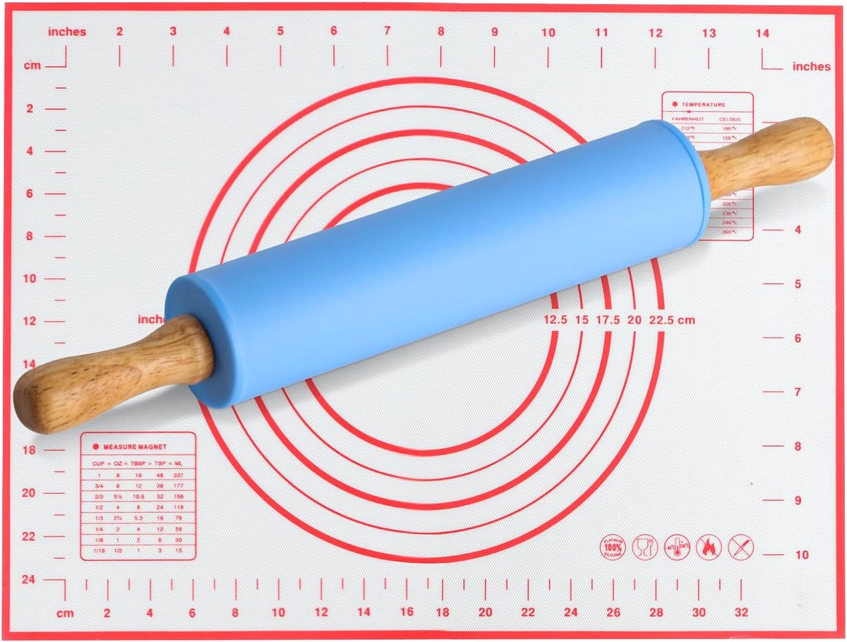 deegroller van siliconen, met houten handvat, bakrol met bakmat (30 x ...