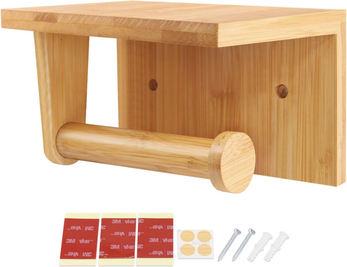 Bamboe Toiletpapierhouder Zonder Boren, WC-rolhouder met Schap ...