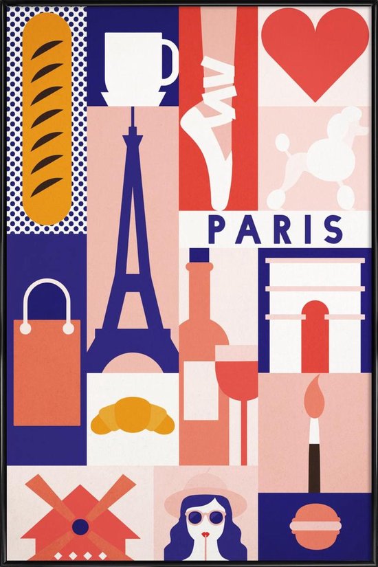 JUNIQE - Poster in kunststof lijst Iconic Paris -30x45 /Blauw & Rood | bol