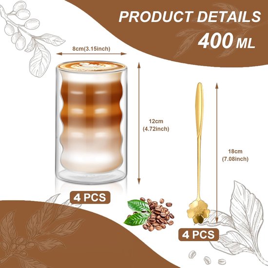 Double-walled glass coffee cups 4 x 400 ml with 4 teaspoons - Set of transparent... | bol