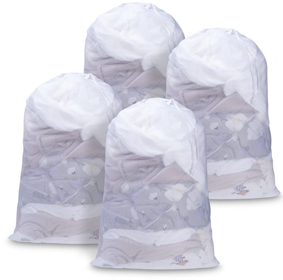 Waszak met trekkoord - 4 stuks - 60x90 cm - wit - mesh | bol