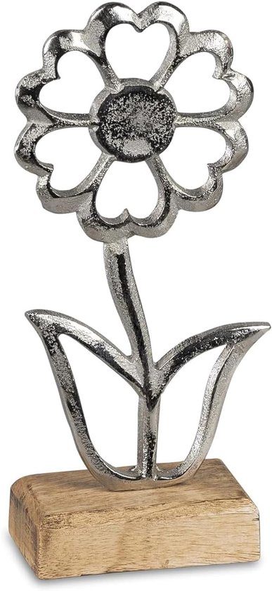 Decoratieve metalen bloem - Houten staander - 21 cm - Zilver | bol