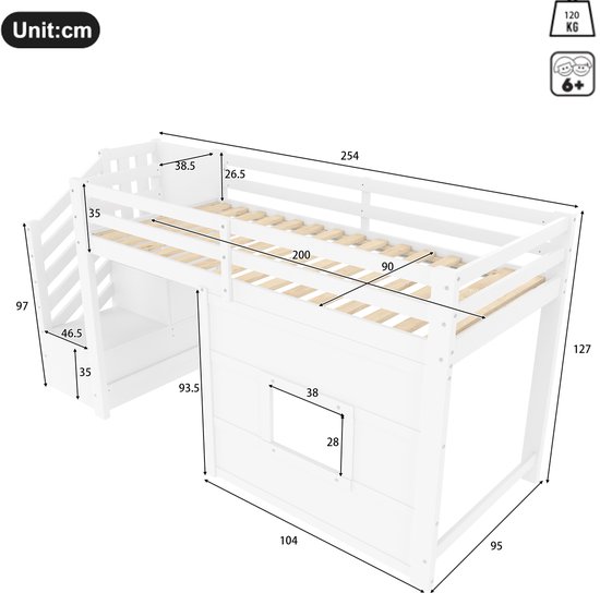 90x200 cm broodbed met opbergtrap en raam - wit - zonder matras | bol