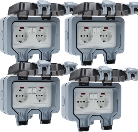 4X Buitenstopcontact dubbel stopcontact - IP66 Stopcontact - Waterdicht ...