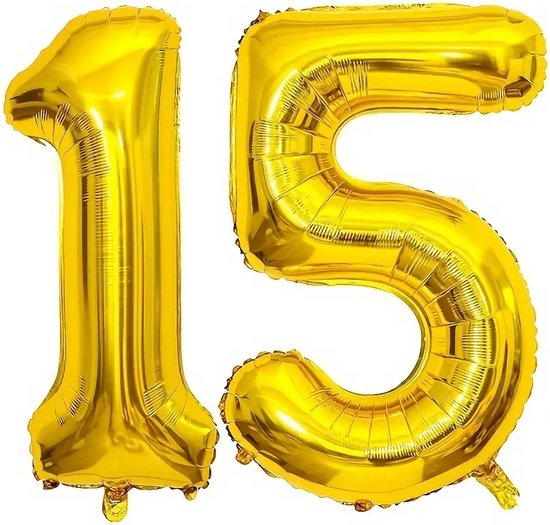 Cijfer ballon goud 15 (vijftien) verjaardag versiering versieren feest ...