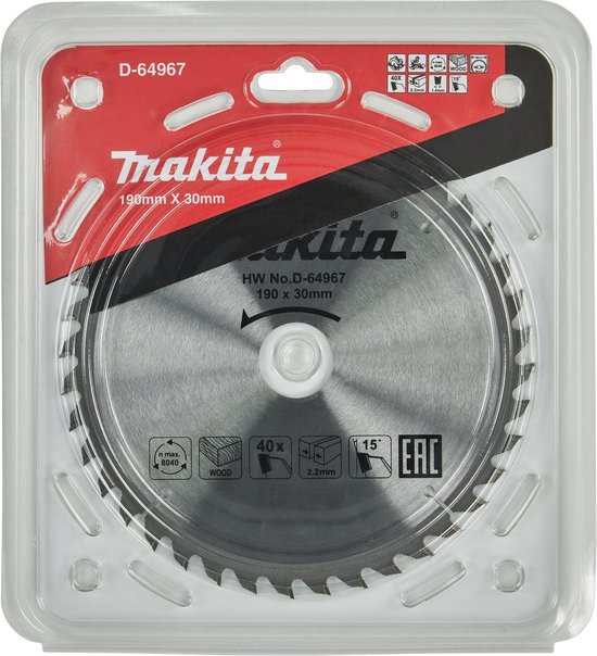Makita Cirkelzaagblad voor Hout | Standaard | Ø 190mm Asgat 30mm 40T - D-64967 | bol