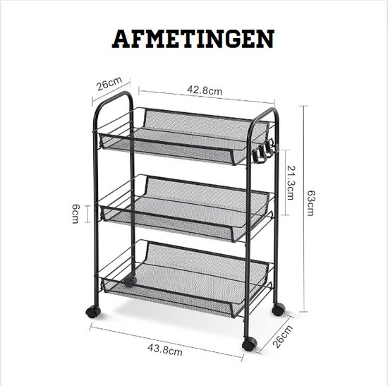 Karretje Op Wieltjes - Keukentrolley Met 3 Manden - Serveerwagen Op ...