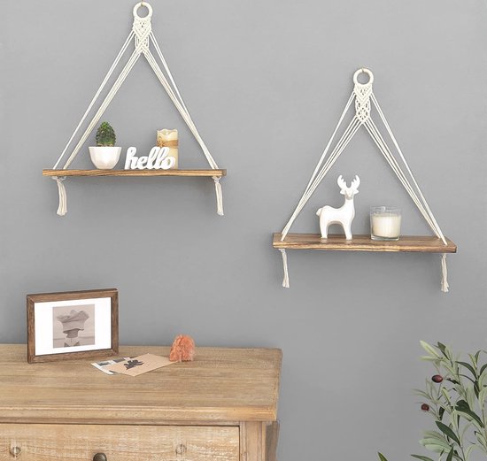 Macrame hangende planken Boho wanddecor set van 2 rustiek hout ...