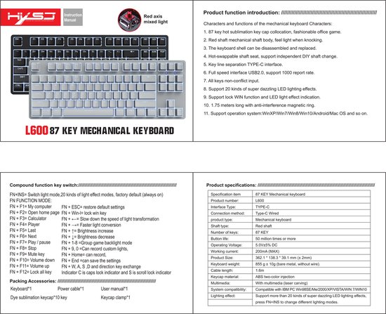 HXSJ L600 Mechanisch Toetsenbord Red Switches - Gaming Keyboard ...