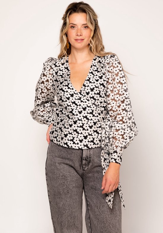 Freebird Bianca - Blouse - Bloemenprint - Zwart Wit - S | bol