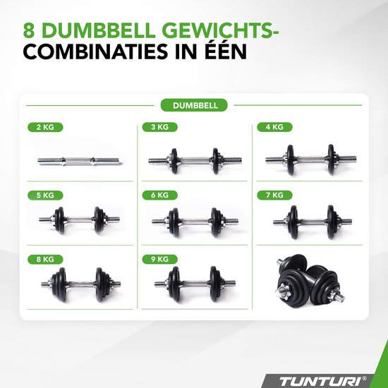 Tunturi Halter en Dumbells Gietijzer - Halterset 20 kg - Halterstang ...