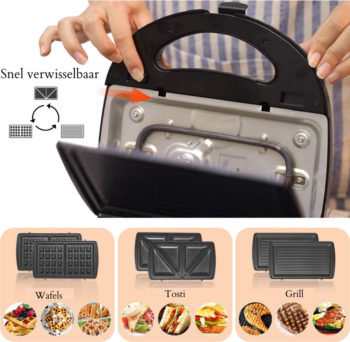 Beekit Wafelijzer Met Verwisselbare Platen - Anti Aanbaklaag - Tosti ...