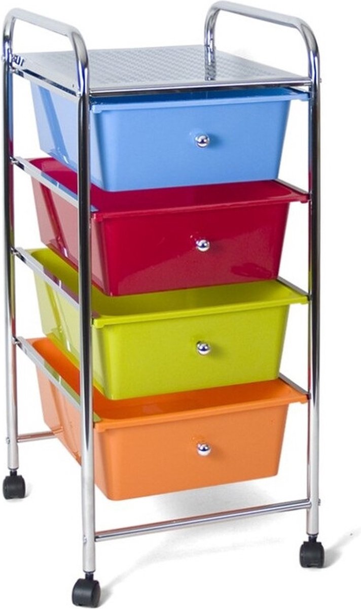 Trolley/kastje met 4 gekleurde lades en plank 36 x 76 cm van kunststof ...