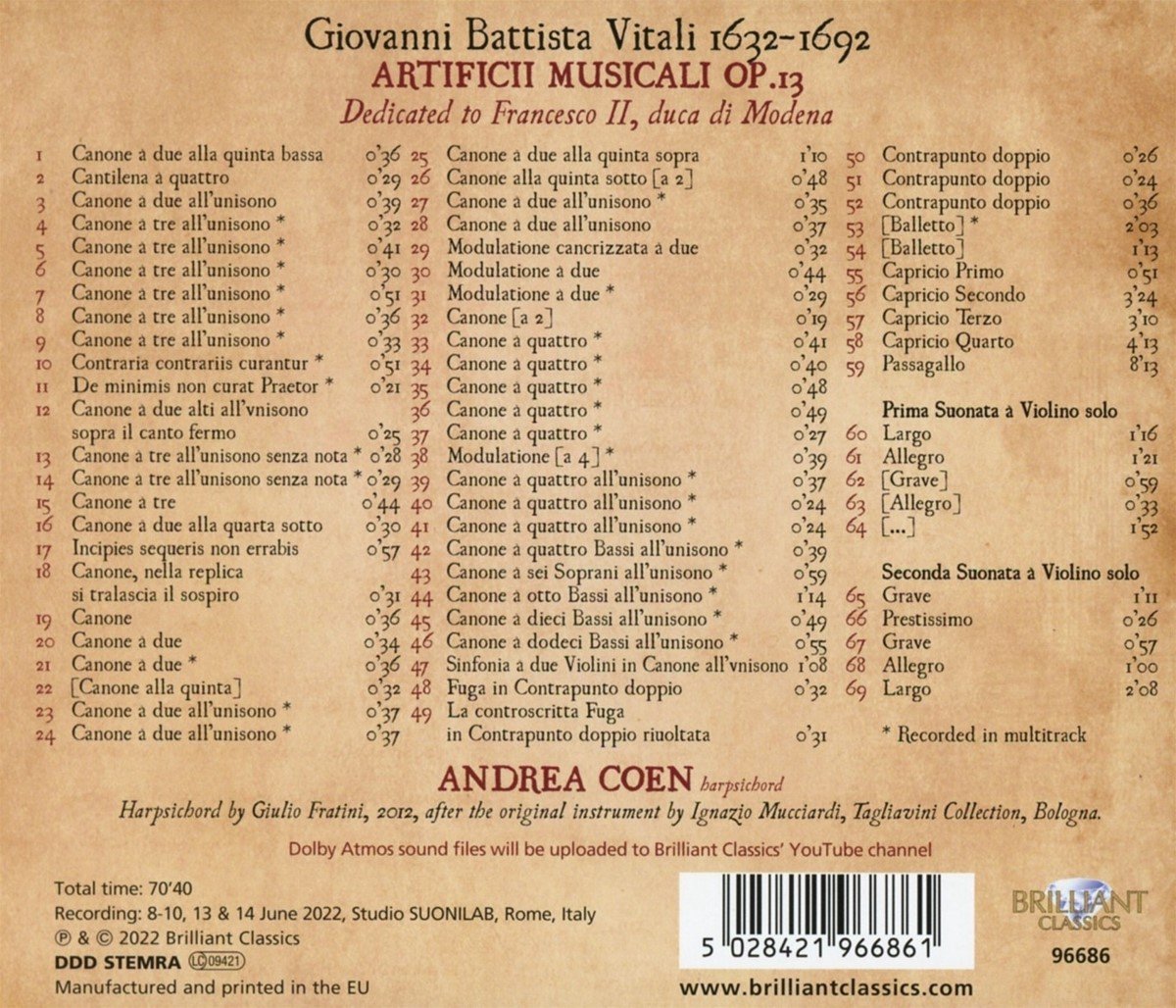 Andrea Coen - Vitali: Artificii Musicali Op.13 (CD), Andrea Coen ...