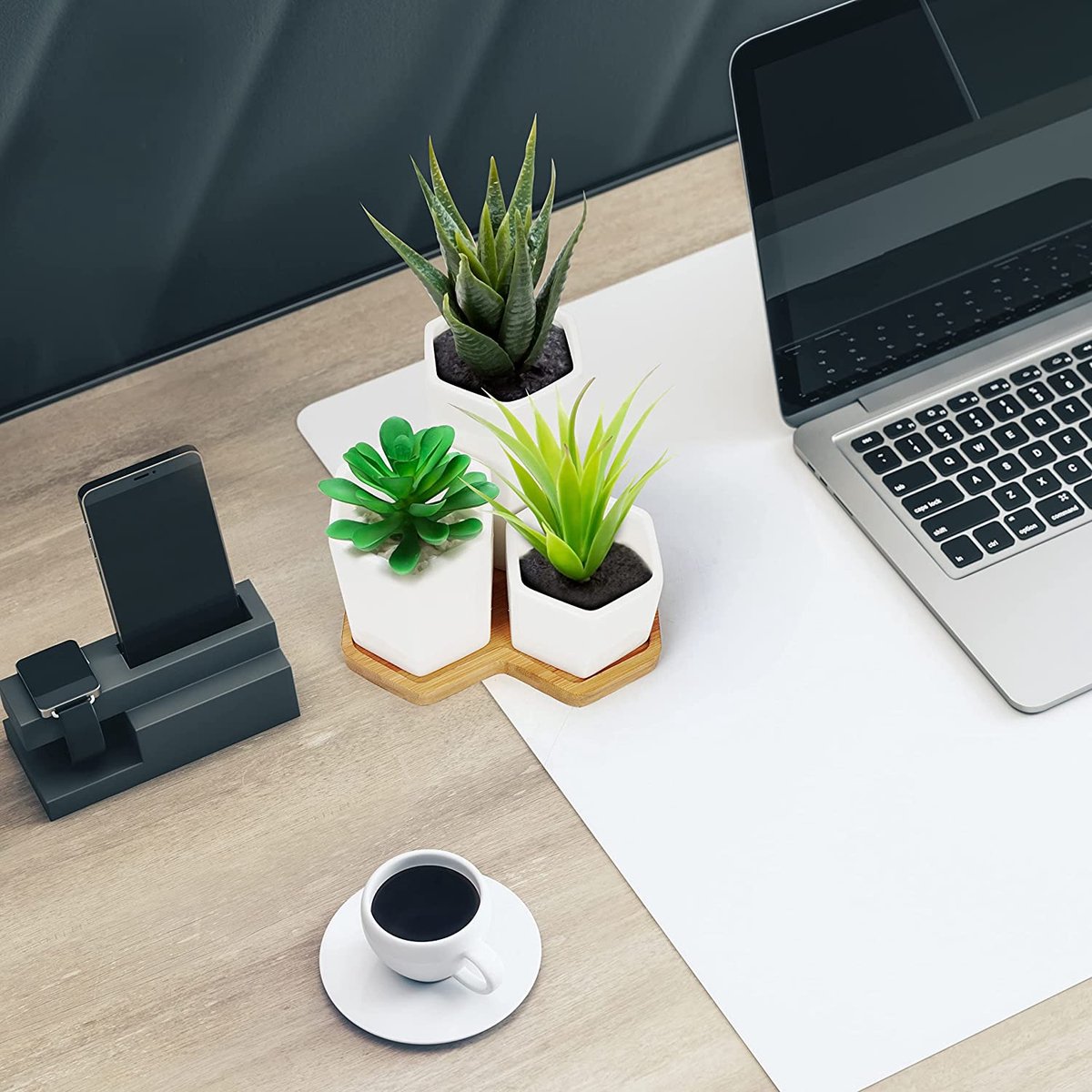 Belle Vous Wit Keramiek Vetplanten Planten Potten met Bamboe Tray (3Pak ...