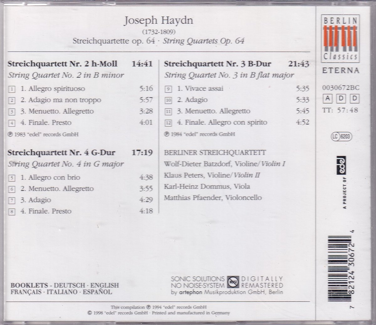 String Quartets Op. 64 Nos. 2, 3, 4 - Joseph Haydn - Berliner Streichquartett,... | bol.com