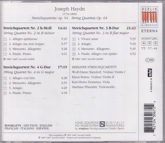 String Quartets Op. 64 Nos. 2, 3, 4 - Joseph Haydn - Berliner Streichquartett,... | bol