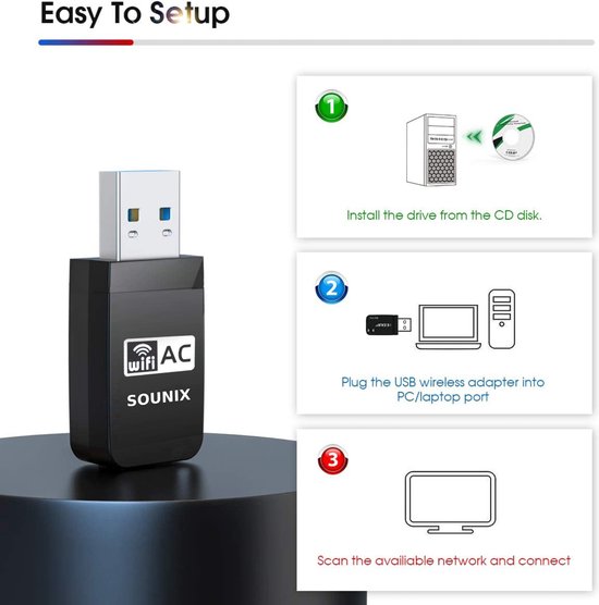 Sounix Wifi Adapter USB - Tot 600 Mbps met 2.4 & 5 GHz - Zwart | bol.com