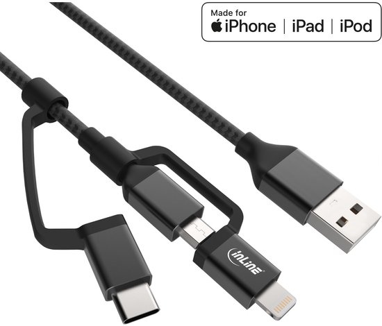 InLine Lightning, Micro USB en USB-C combi-kabel - zwart - 1,5 meter | bol