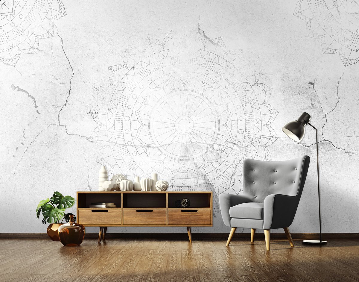 Fotobehang - Vlies Behang - Mandala op Beton - 368 x 254 cm | bol