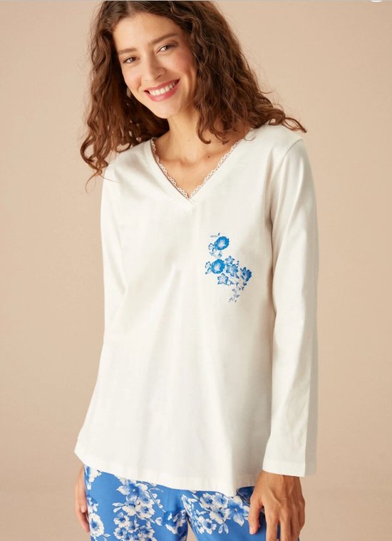 Suwen- Dames Pyjama Set - Homewear -Satijn Blauw/Wit Maat S | bol.com