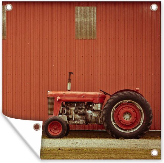 Tuin poster Trekker - Schuur - Rood - Boerderij - 200x200 cm - Tuindoek ...