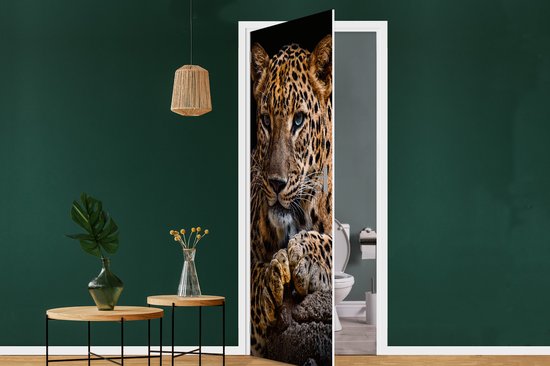 Deursticker Wilde dieren - Panter - Portret - Zwart - Dieren - 90x235 cm - Deurposter | bol