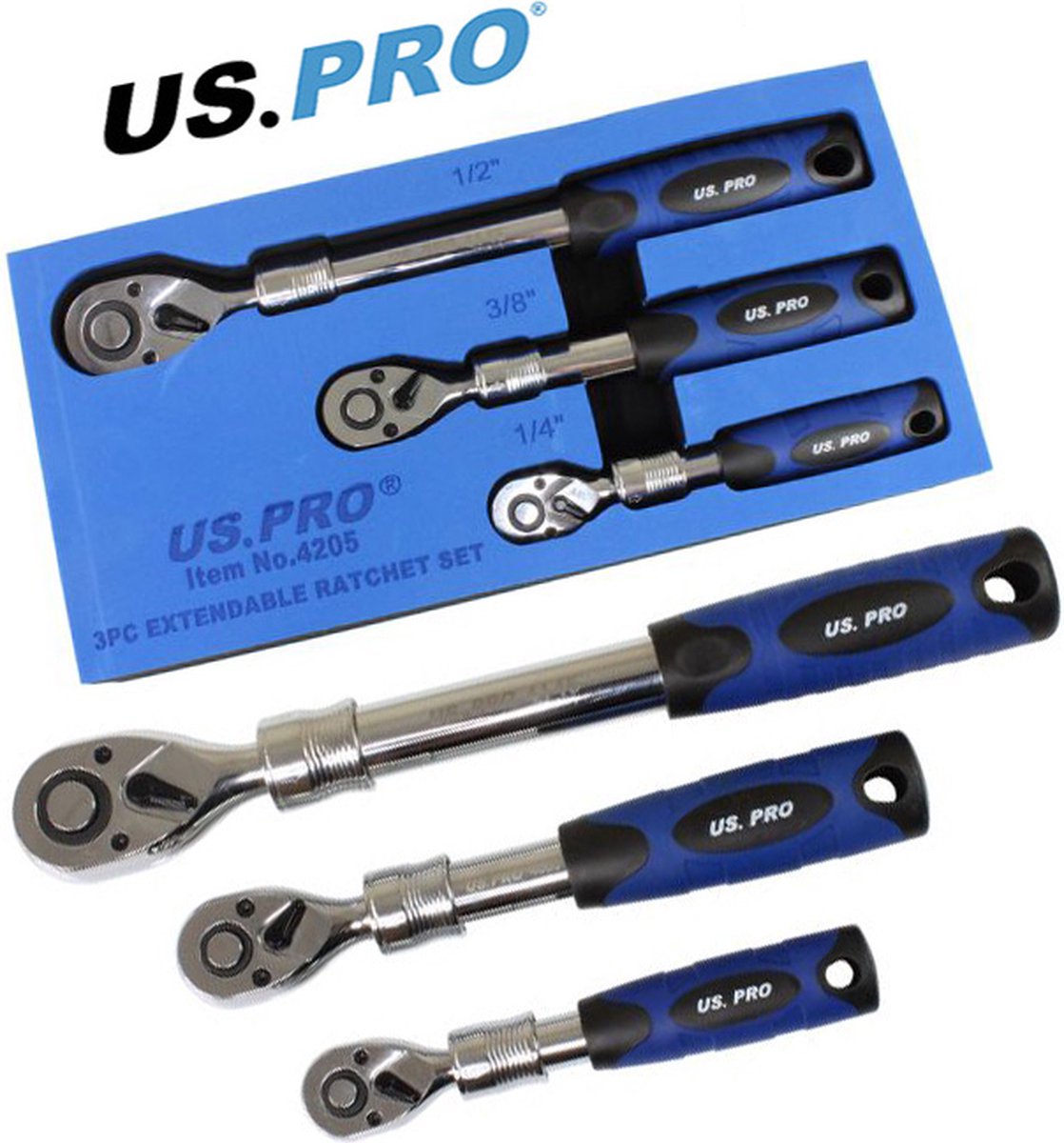 Uitschuifbare ratel set in foam inlay 1/4" - 3/8" en 1/2" | bol.com