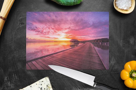 Glazen Snijplank - 28x20 - Steiger - Water - Zon - Roze - Horizon - Snijplanken Glas | bol