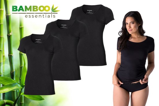 Bamboo Essentials - T Shirt Dames - Ronde Hals - 3 Stuks - Zwart - M - Anti Zweet... | bol.com
