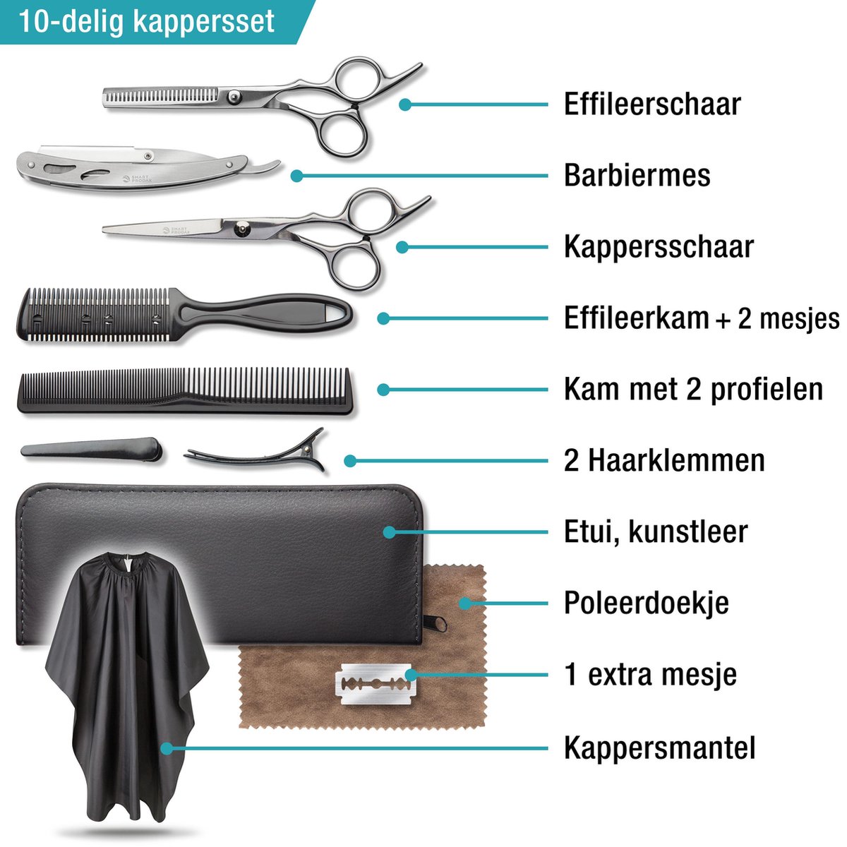 SmartProdax 10-delige Kappersset met Kappersmantel - Kappersschaar ...