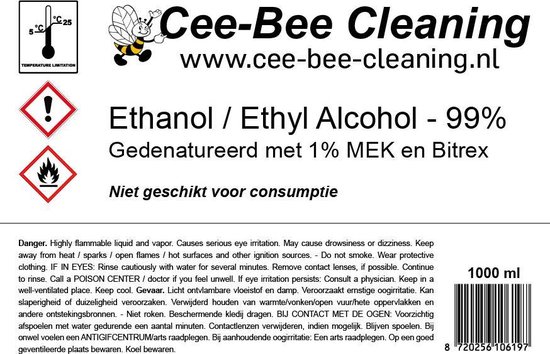 Cee-Bee Cleaning Ethanol | Ethyl Alcohol 99% | Gedenatureerd | 1 liter ...