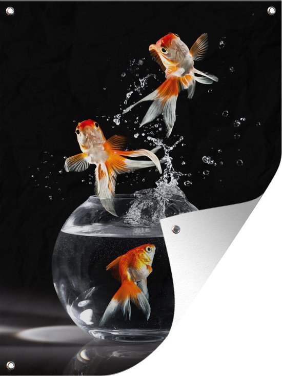 Muurdecoratie buiten Goudvissen springen uit water - 120x160 cm - Tuindoek | bol.com