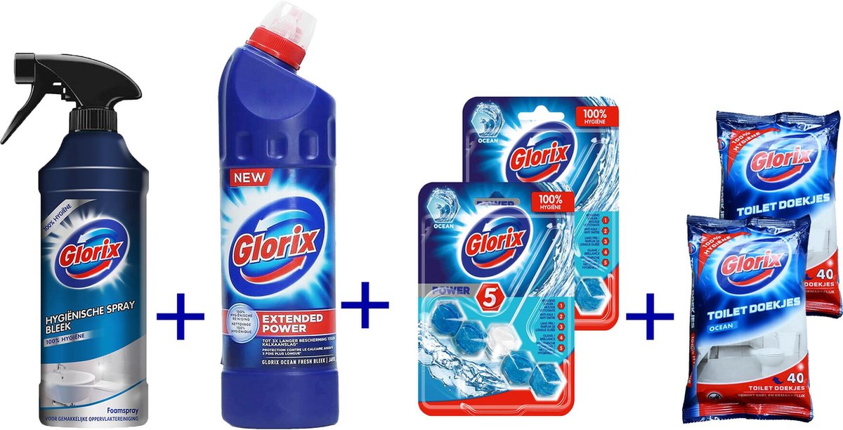 Glorix spray + bleekmiddel extended power ocean + 2x WC blokjes + 2x 40 ...