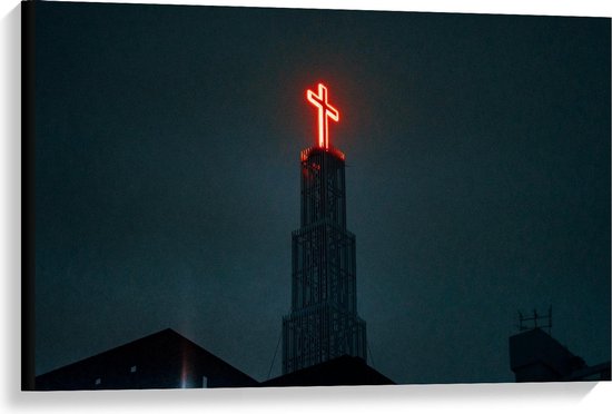 Canvas - Lichtgevend Rood Kruis op Pilaar - 90x60cm Foto op Canvas ...