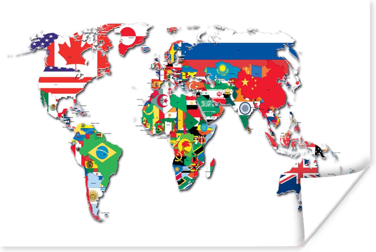 Wereldkaart met alle vlaggen Poster | Wereldkaart Poster 60x40 cm | bol
