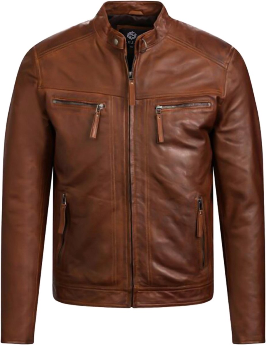 GILL'S PHANTOM COGNAC - Heren Leren Jas - Biker Jack - 100% Lamsleer ...