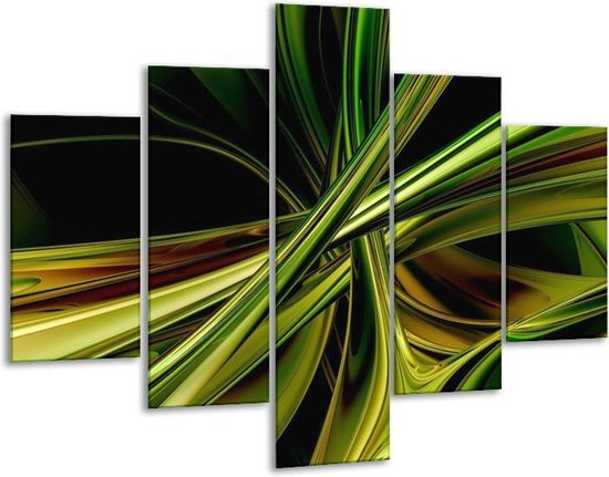 Glasschilderij - Abstract - Groen, Zwart, Geel - 100x70cm 5Luik - Geen ...